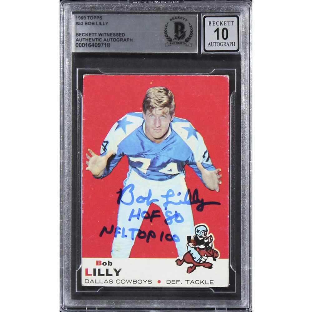 Bob Lilly Signed 1969 Topps #53 Inscribed "HOF 80" & "NFL Top 100" (BGS ...