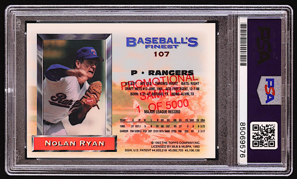 Nolan Ryan Signed 1993 Finest Promos #107 Inscribed "108.5 MPH Fastball ...