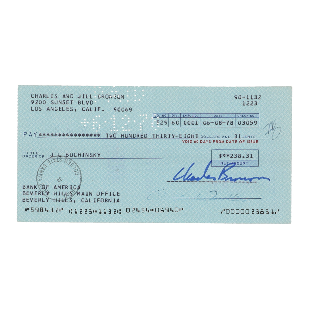 Charles Bronson Signed Personal Check (JSA) | Pristine Auction