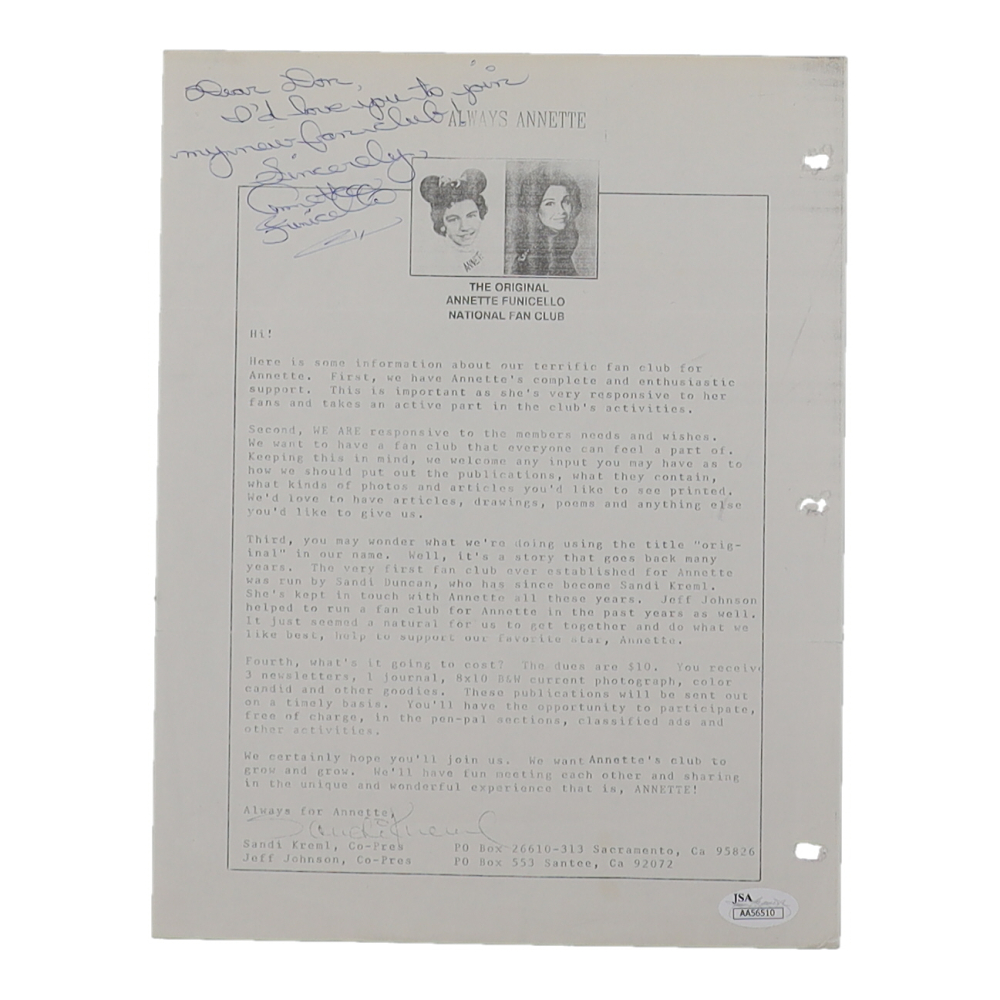Annette Funicello Signed Document with Hand-Written Note (JSA ...