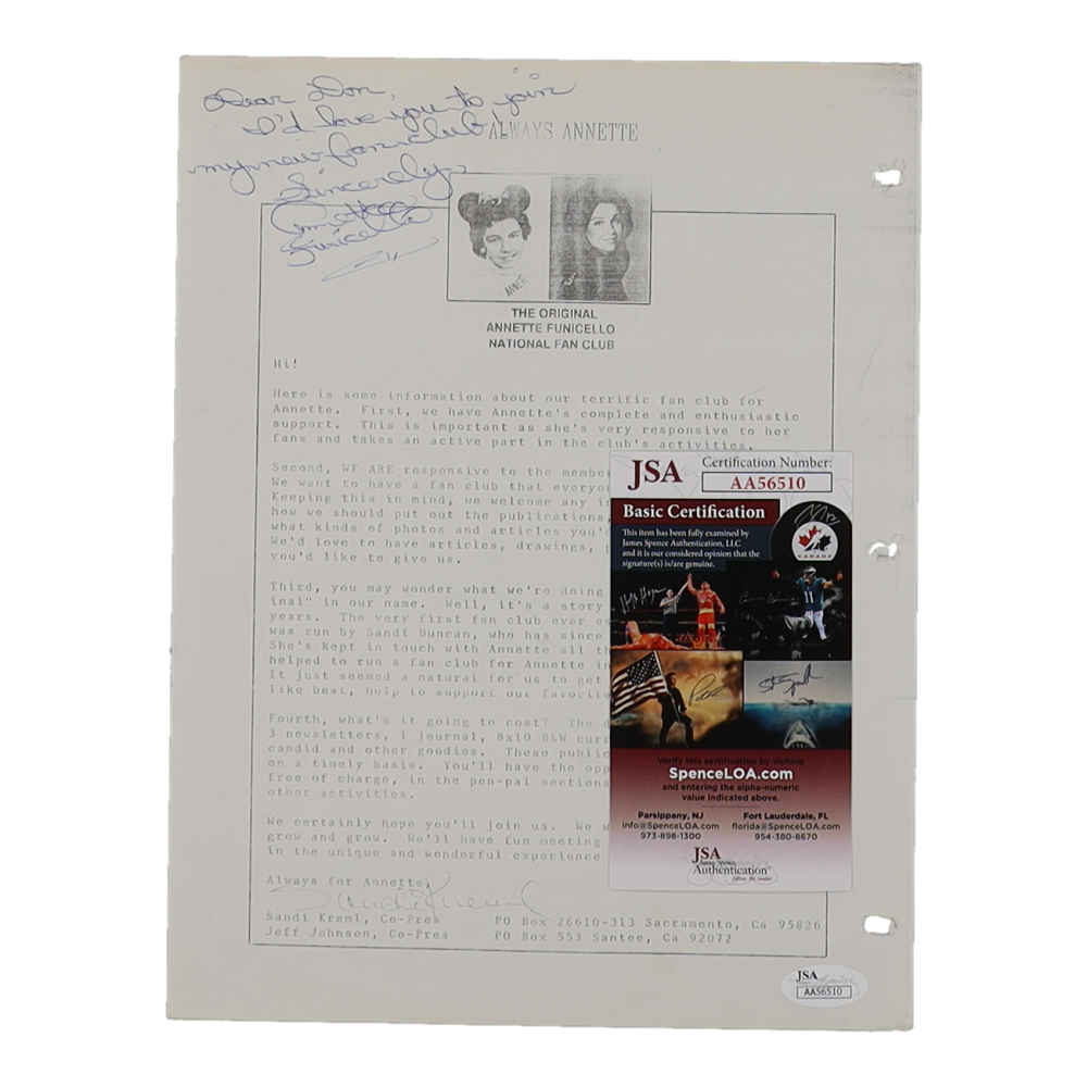 Annette Funicello Signed Document with Hand-Written Note (JSA ...