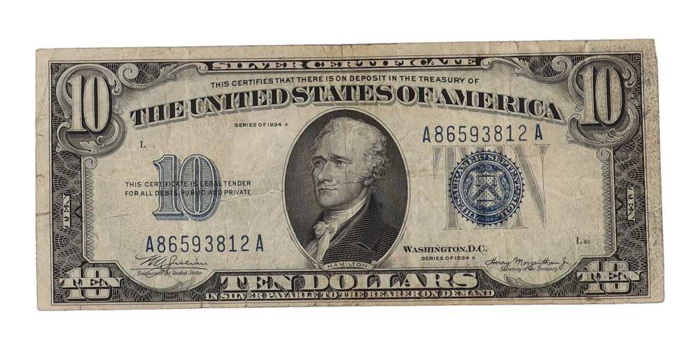 1934-A U.S. $10 Ten Dollars Silver Certificate - Blue Seal | Pristine ...