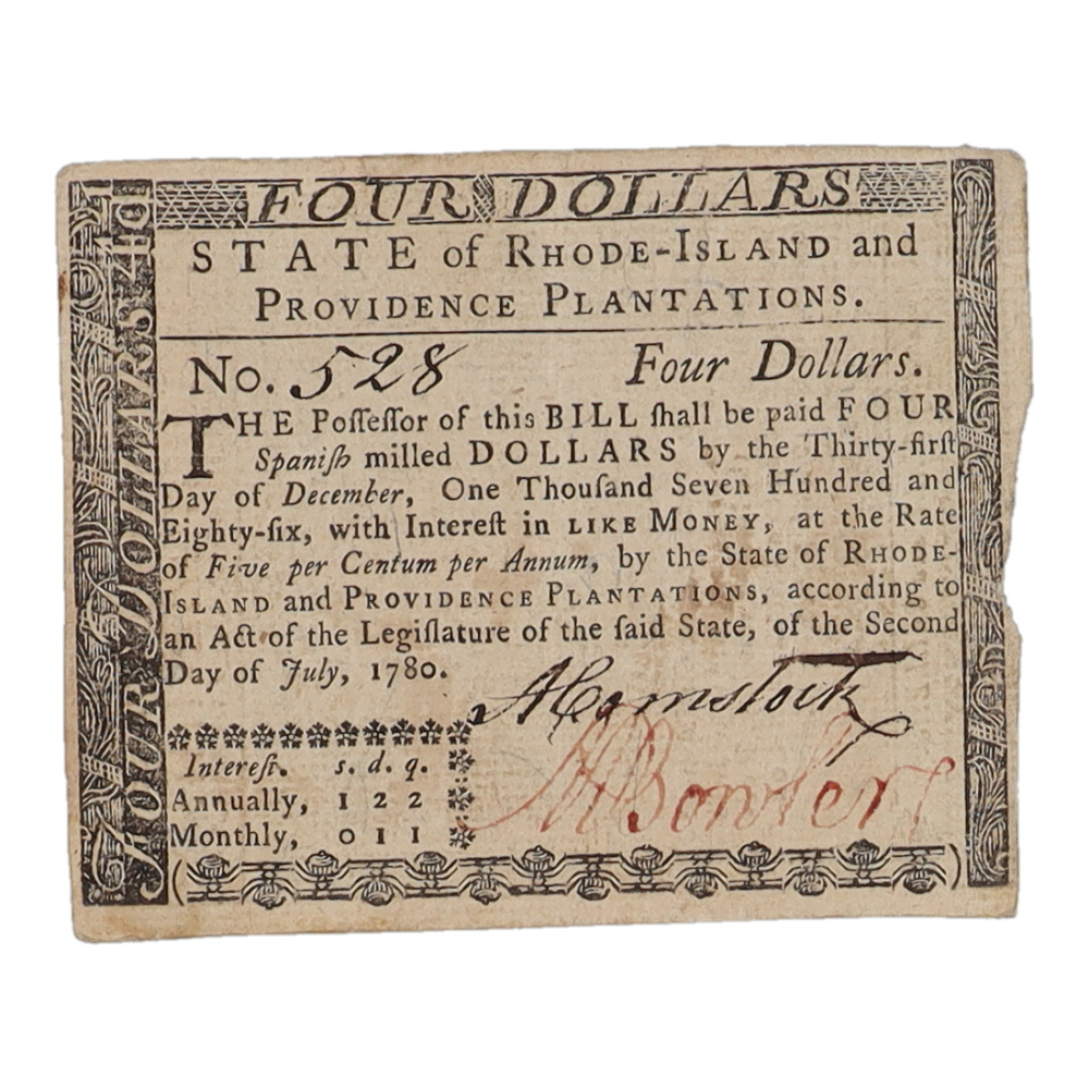 1780 Rhode Island Colonial Currency $4 Four Dollars Bank Note ...