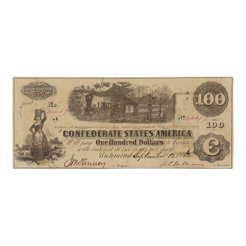 1862 Confederate States of America $100 One Hundred Dollar Bank Note ...