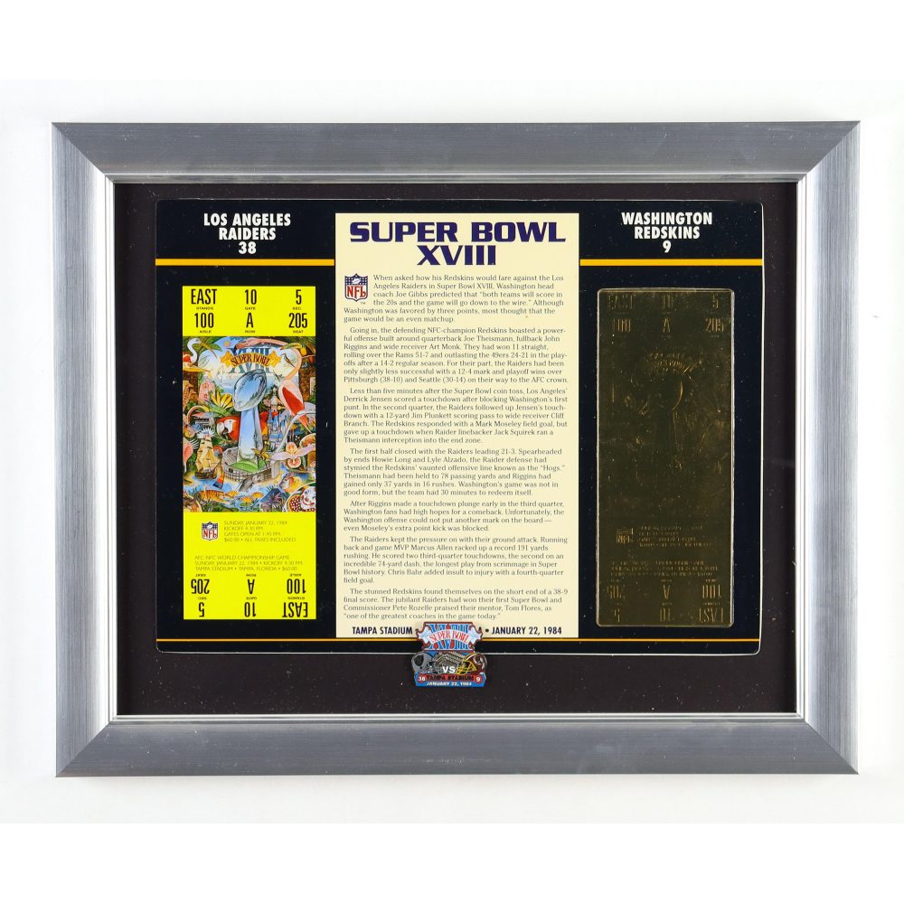 1984 Commemorative Super Bowl XVIII Custom Framed Card with Commemorative 23 Karat Gold Ticket ...