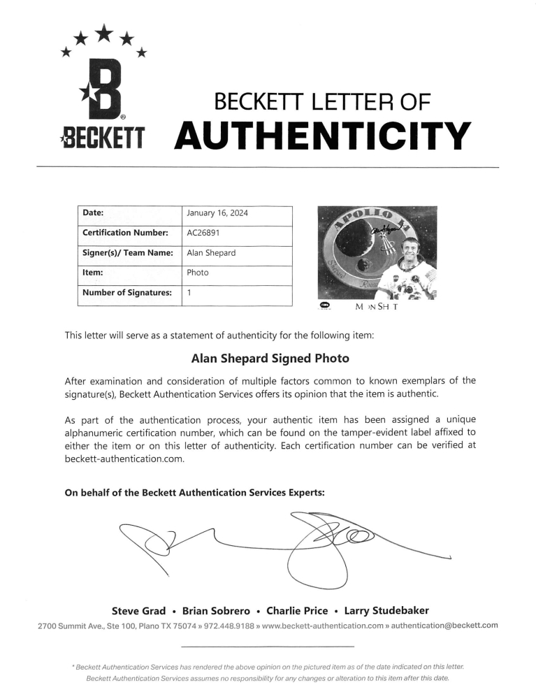 Alan Shepard Signed Apollo 14 8x10 Photo (Beckett) | Pristine Auction