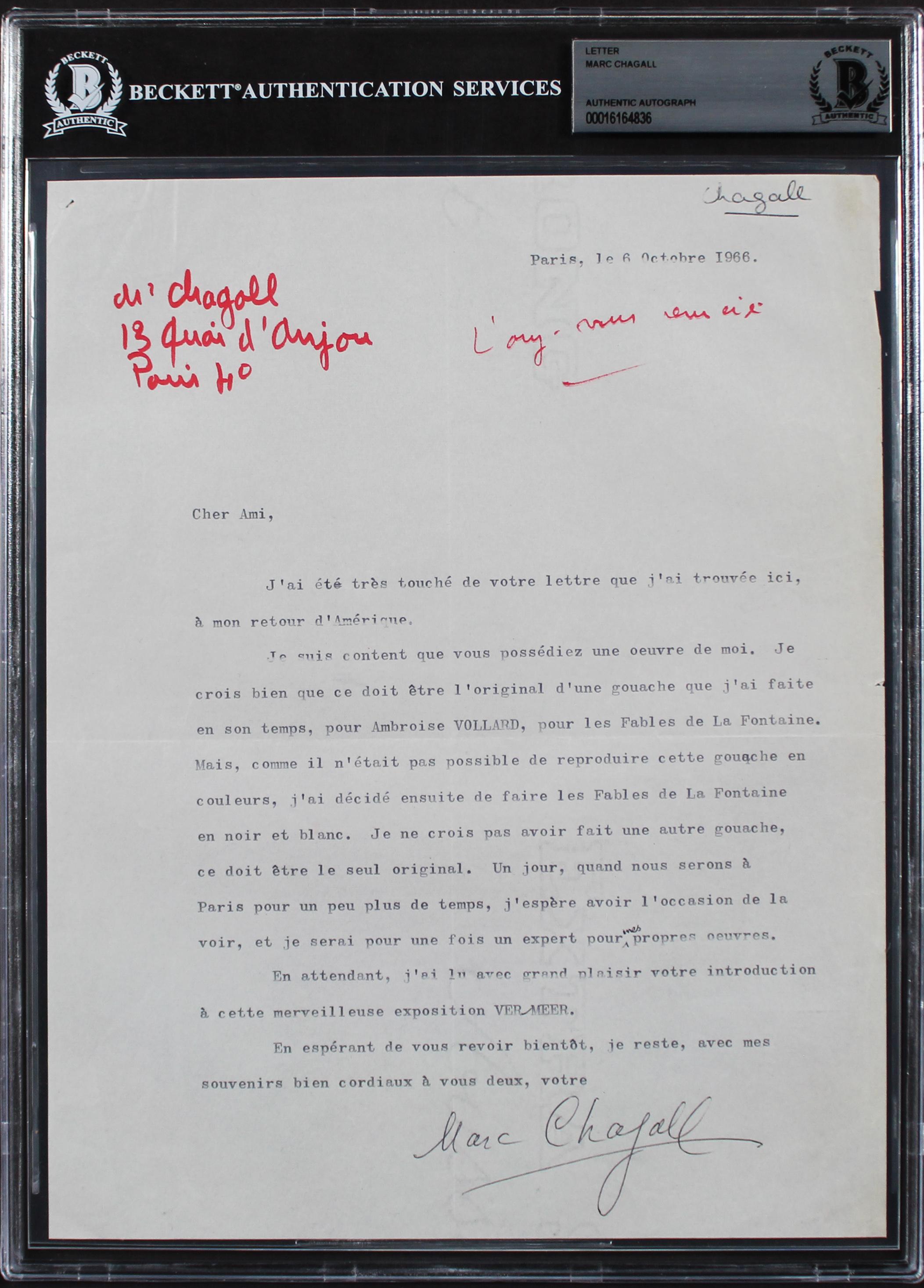 Marc Chagall Signed 1966 Typed Letter (Beckett) | Pristine Auction