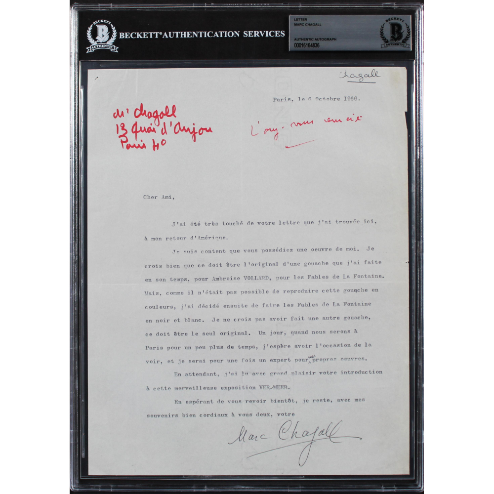 Marc Chagall Signed 1966 Typed Letter (Beckett) | Pristine Auction