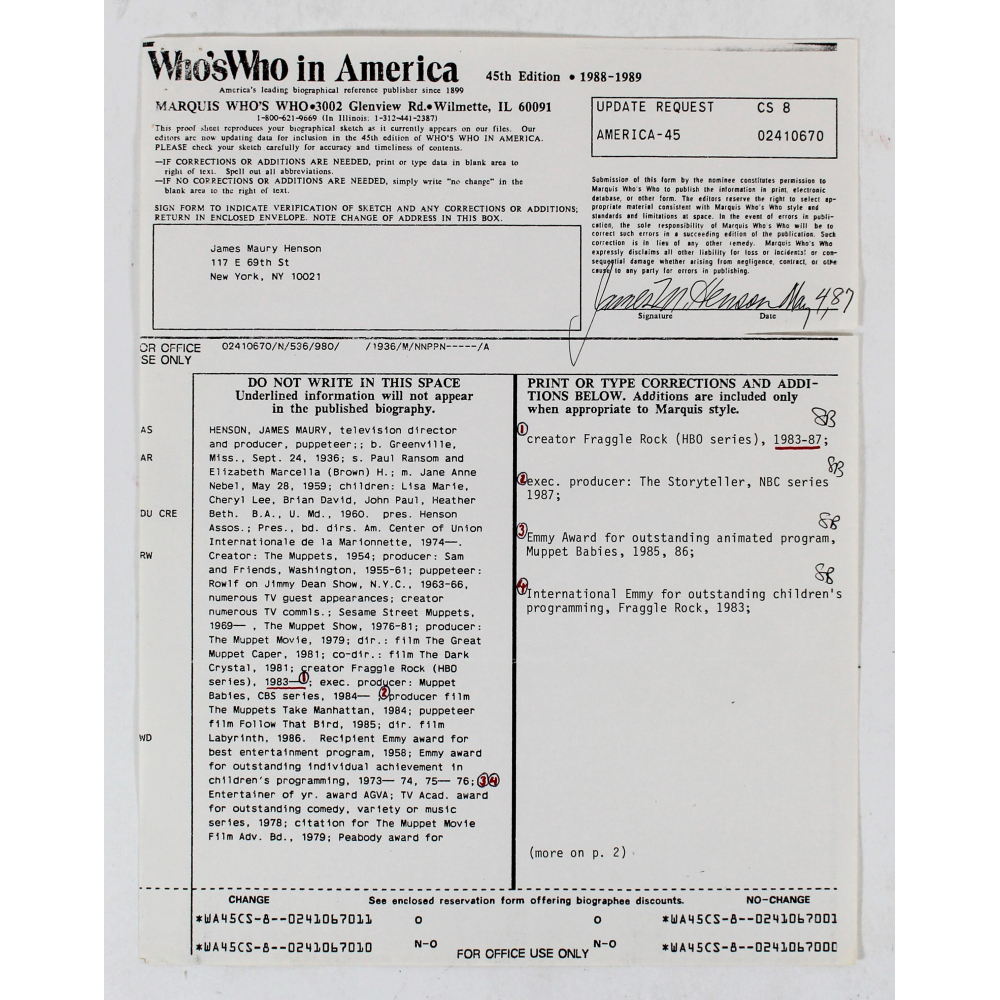 Jim Henson Signed "The Muppets" 8.5x11 Reference Sheet Document ...