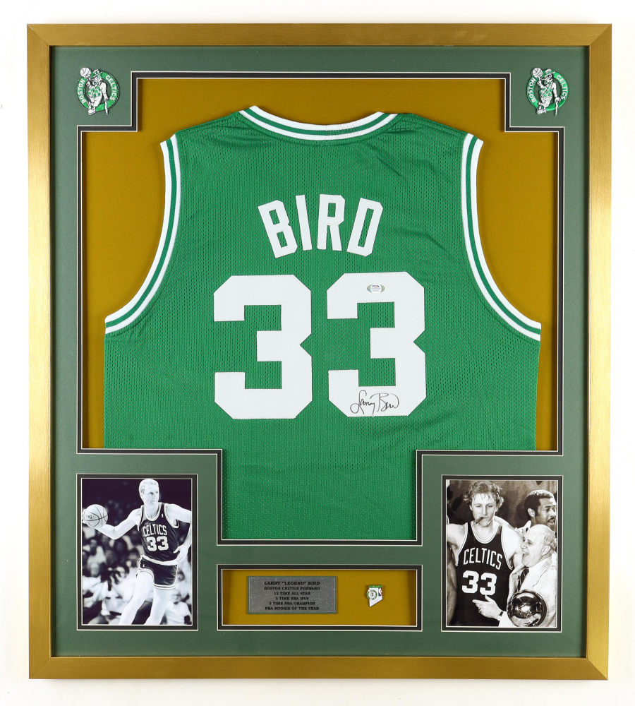 Larry Bird Signed Custom Framed Jersey Display With 1986 Celtics Championship Pin & (2) Cloth ...