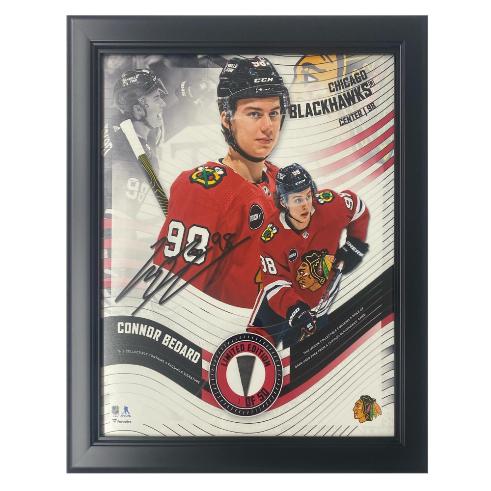 Connor Bedard Blackhawks 15x17 LE Custom Framed Display with Piece of ...
