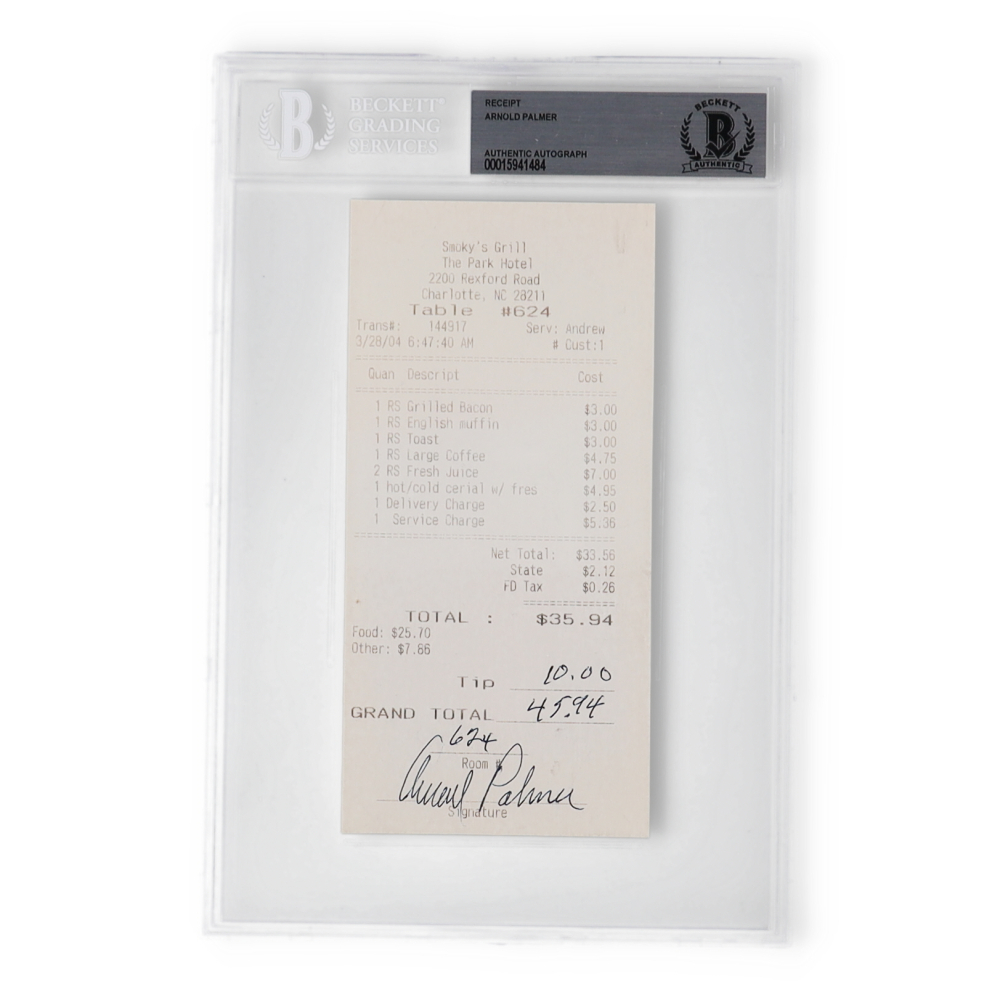 Arnold Palmer Signed Receipt with Tip & Room Number Inscriptions (BGS ...