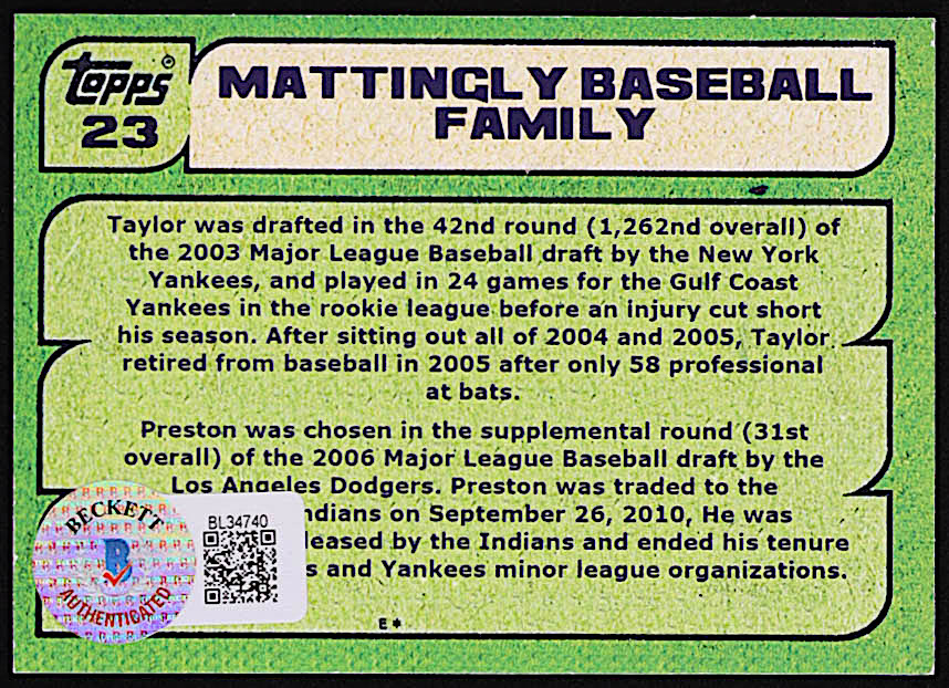 Don Mattingly Signed Topps Mattingly Family #23 Don Mattingly / Taylor ...