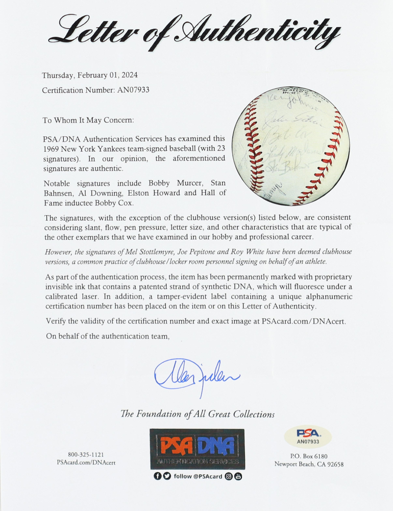 1969 Yankees AL Baseball Team-Signed by (20) with Elston Howard, Bobby ...