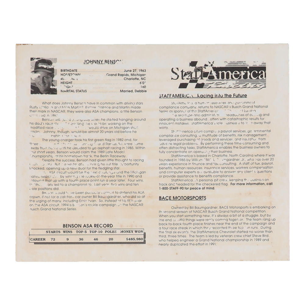 Johnny Benson Jr. Signed NASCAR 8x10 Photo (Beckett) | Pristine Auction