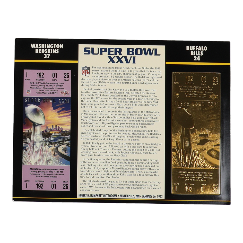 Super Bowl XXVI Commemorative 9x12 Score Card Display with 22KT Gold ...