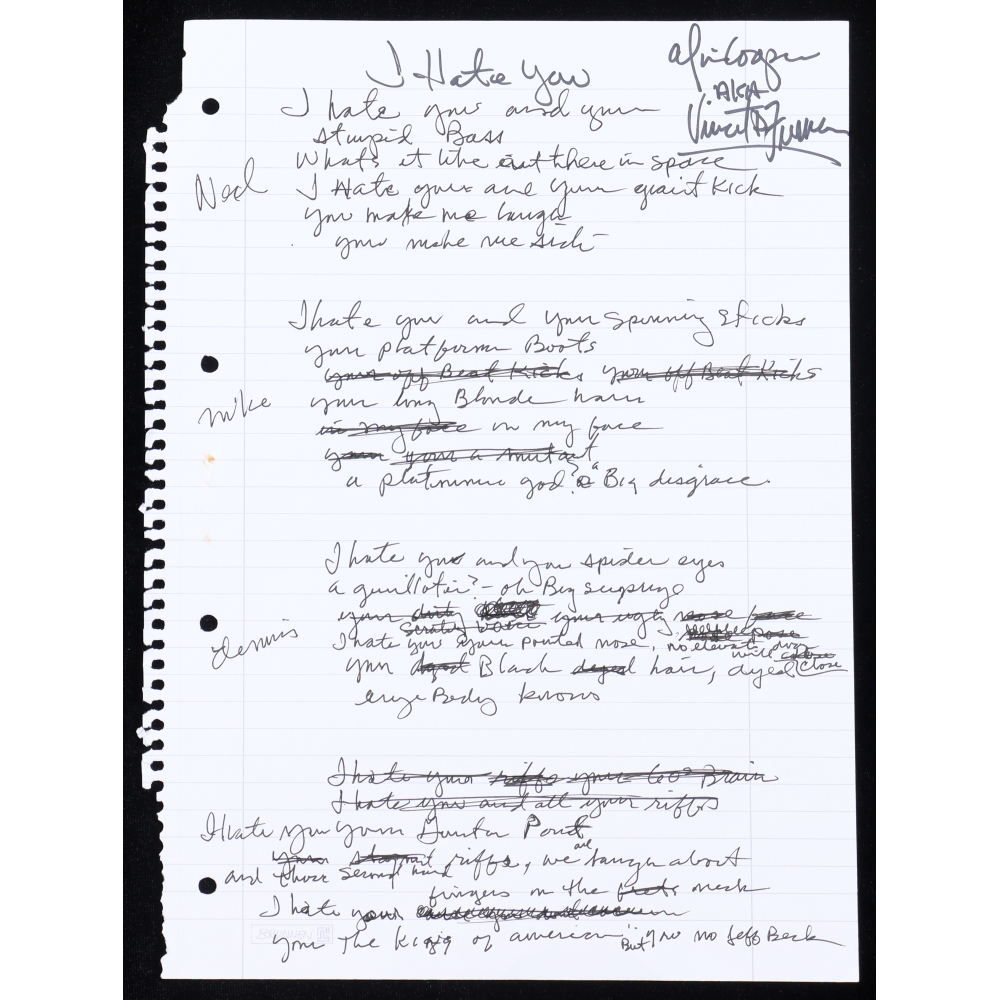 Alice Cooper Original Hand-Written Lyric Page from Creation of Iconic ...