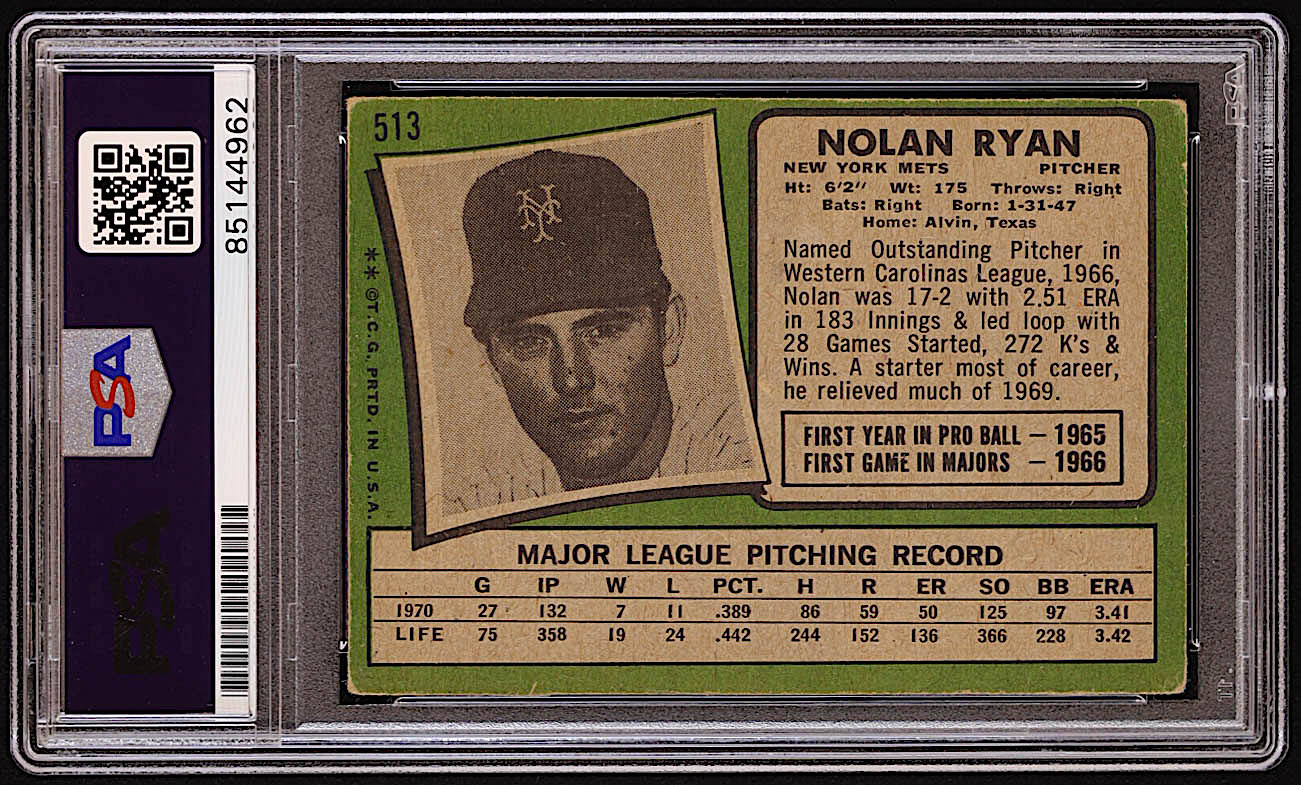 Nolan Ryan Signed 1971 Topps #513 Inscribed "1969 WS Champs" (PSA ...