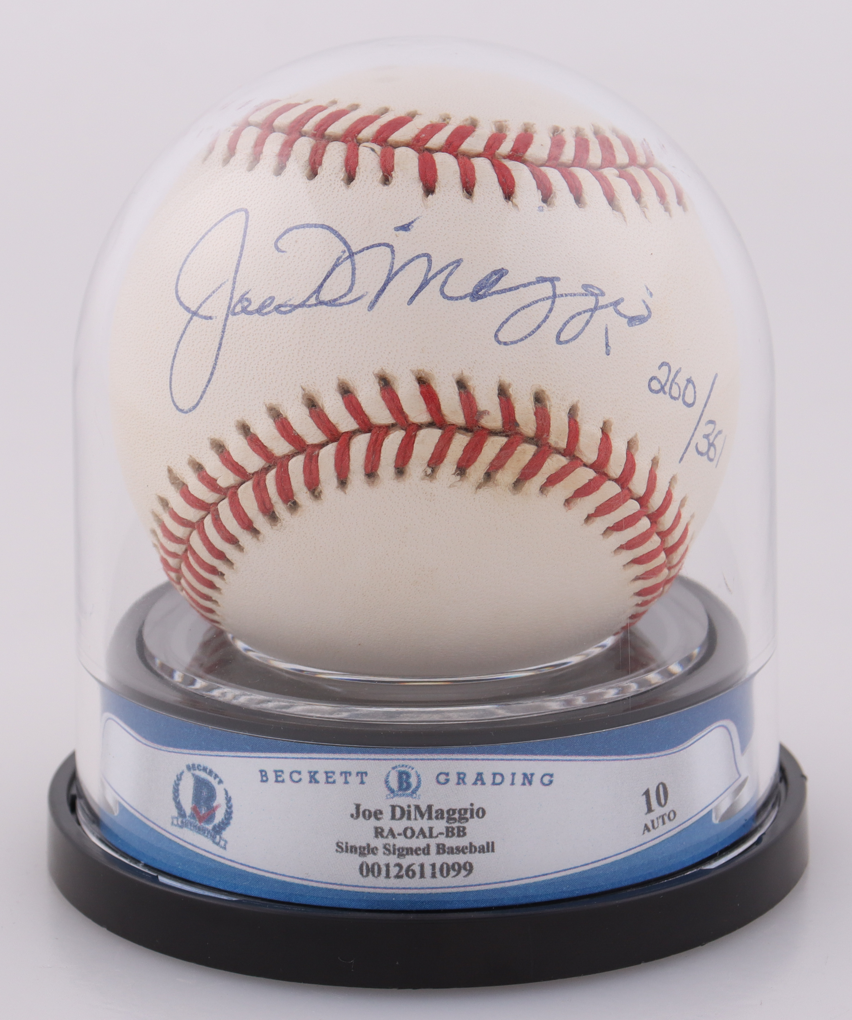 Joe DiMaggio Signed LE OAL Baseball #260/361 (Beckett Encapsulated ...