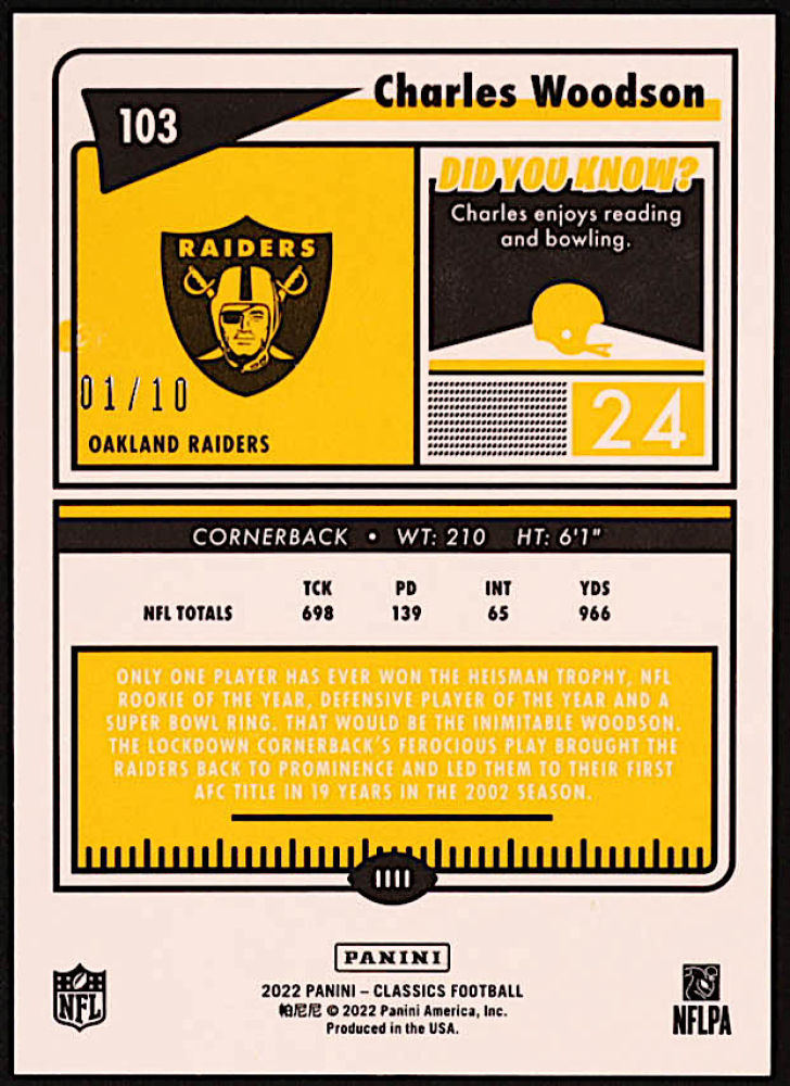 Charles Woodson 2022 Classics Premium Edition No Name #103 LEG #01/10 ...
