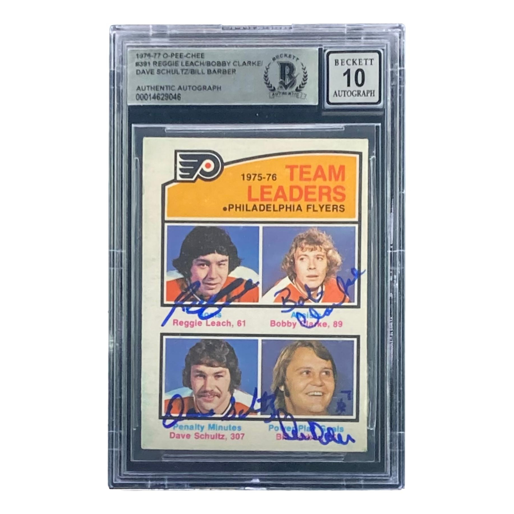 1976-77 O-Pee-Chee Flyers Leaders #391 Signed By (4) with Reggie Leach ...