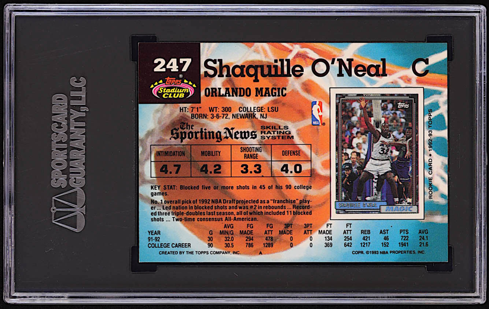 Shaquille O'Neal 1992-93 Stadium Club #247 RC (SGC 9) | Pristine Auction