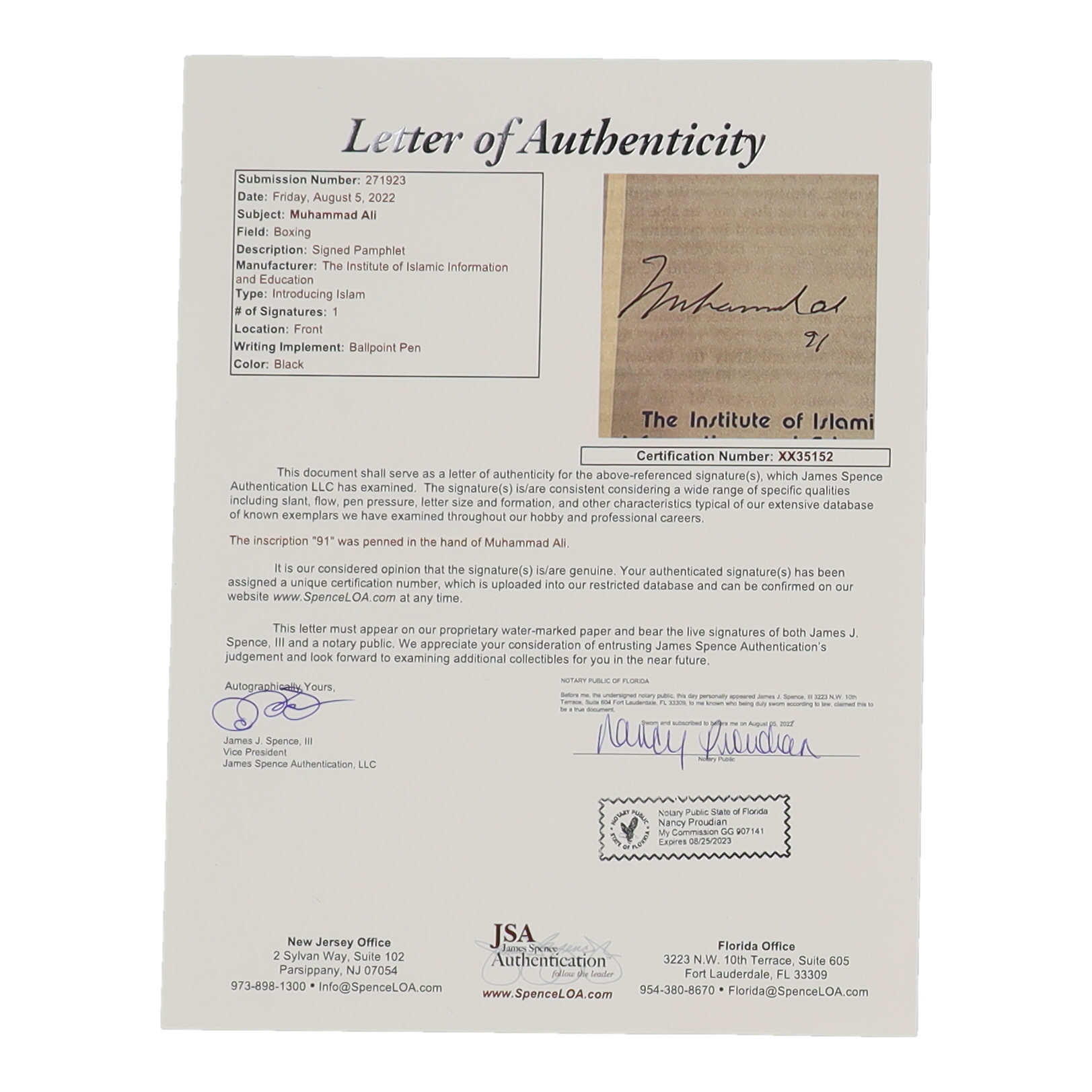 Muhammad Ali Signed "Introducing Islam" Pamphlet Inscribed "91" (JSA ...