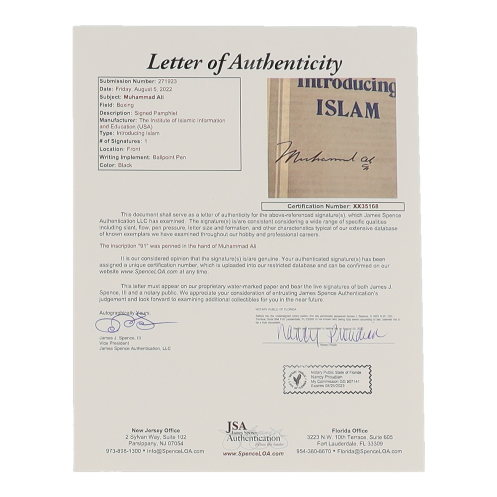 Muhammad Ali Signed "Introducing Islam" Pamphlet Inscribed "91" (JSA ...
