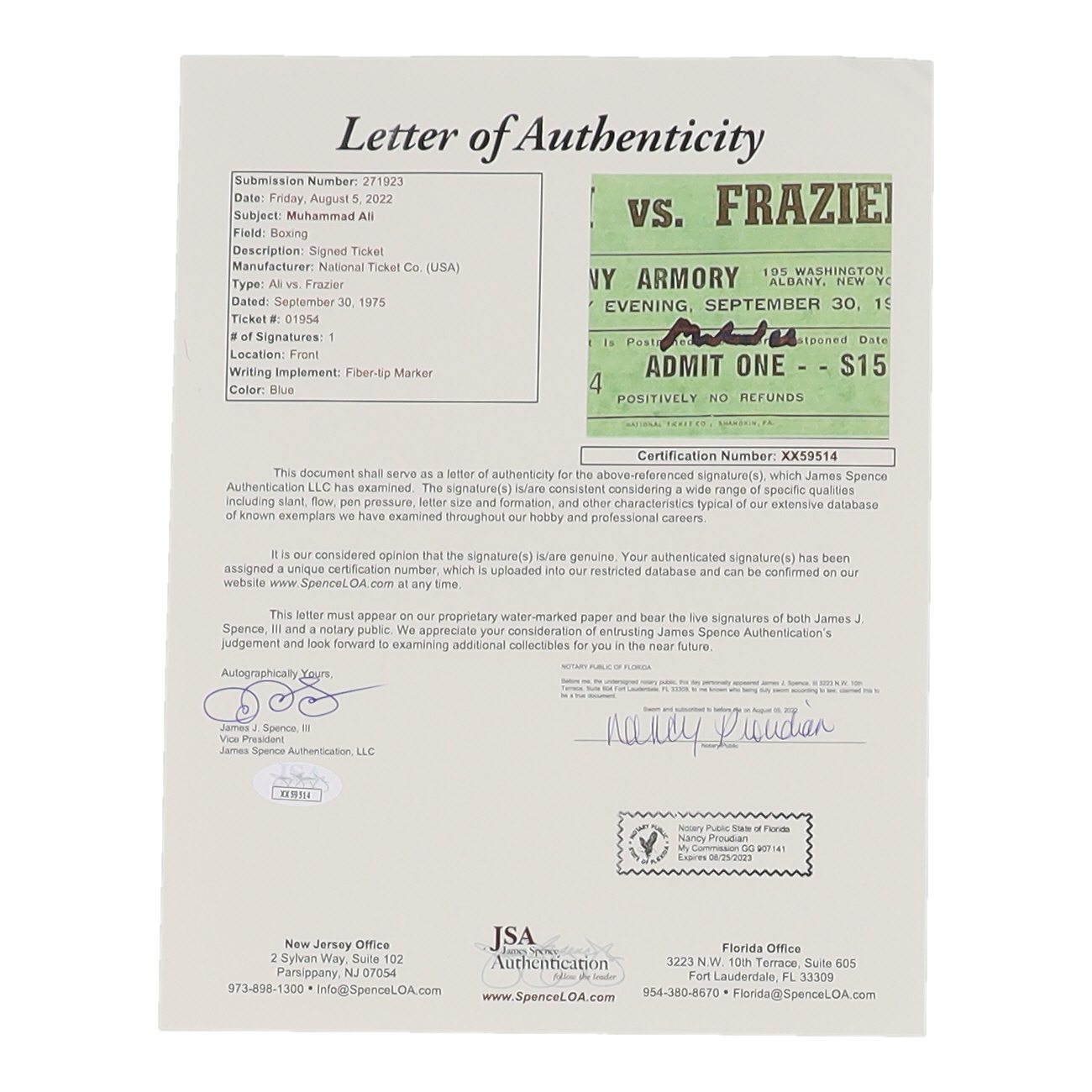 Muhammad Ali Signed 1975 Ali vs. Frazier Fight Ticket (JSA) | Pristine ...