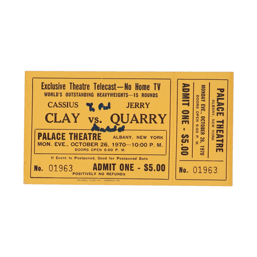 Muhammad Ali Signed 1970 Clay vs. Quarry Fight Ticket (JSA) | Pristine ...