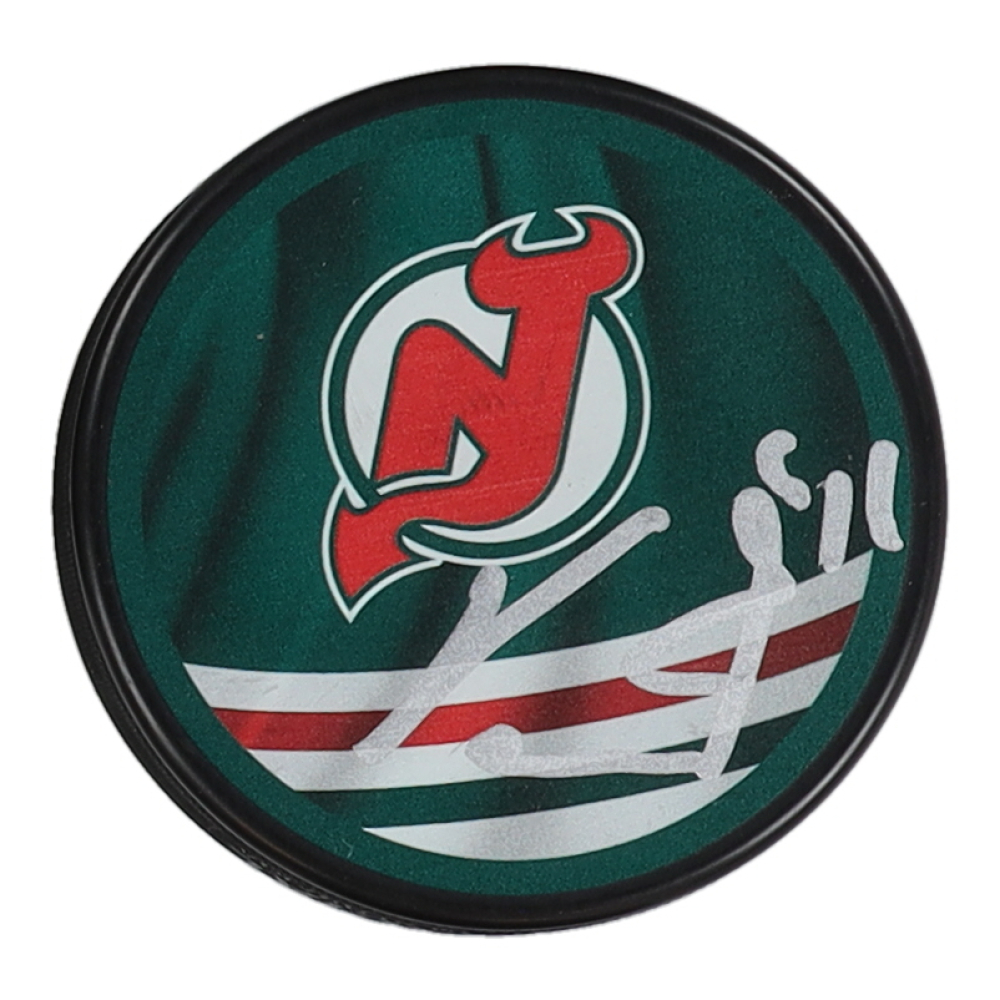 Vitek Vanacek Signed Devils Logo Hockey Puck (JSA) | Pristine Auction