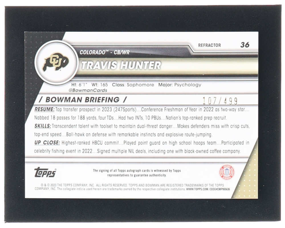 Travis Hunter 2023 Bowman Chrome University Autographs Refractors #36 ...