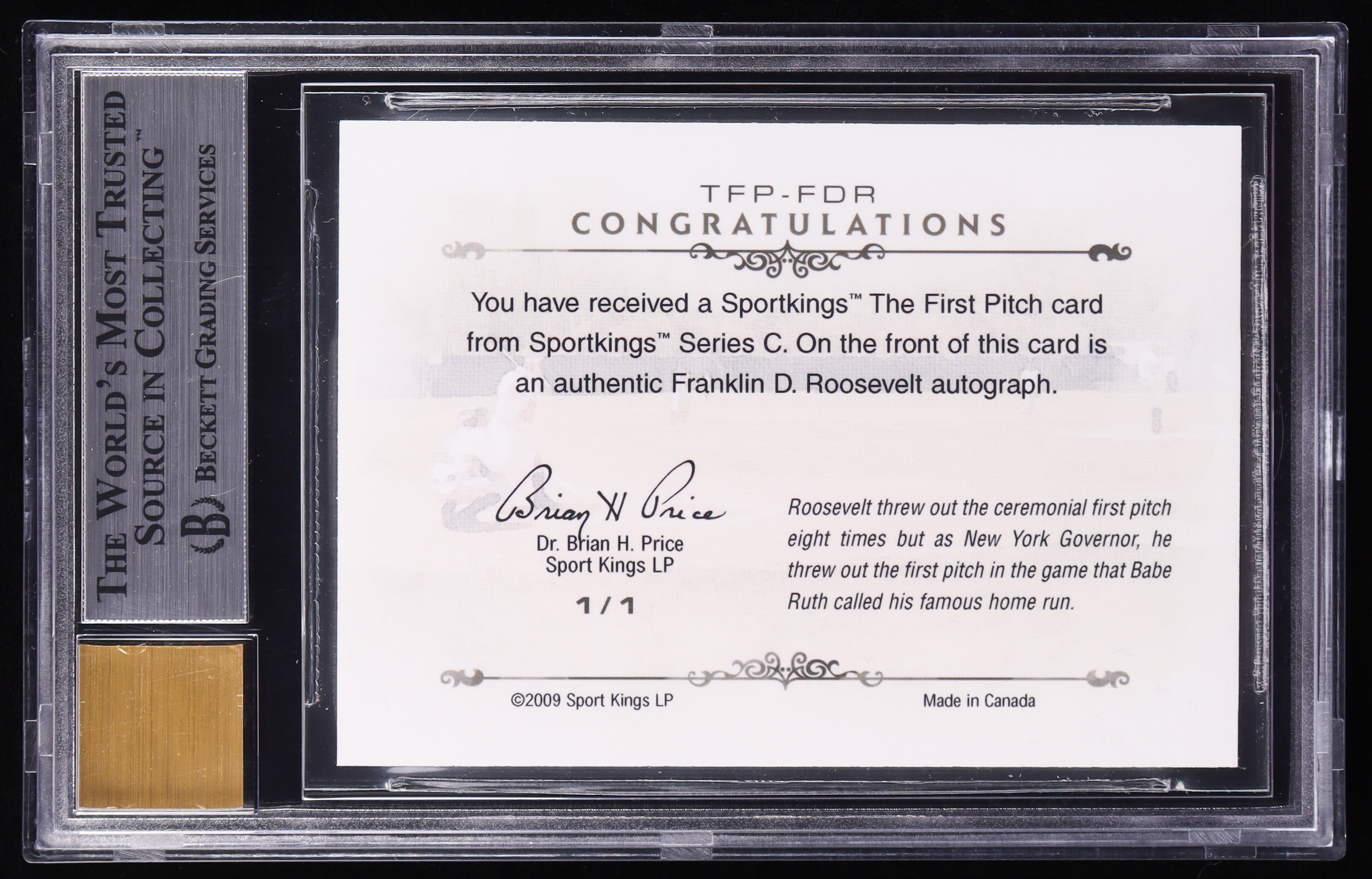 Franklin D. Roosevelt 2009 Sportkings First Pitch Cut Autographs #FDR ...