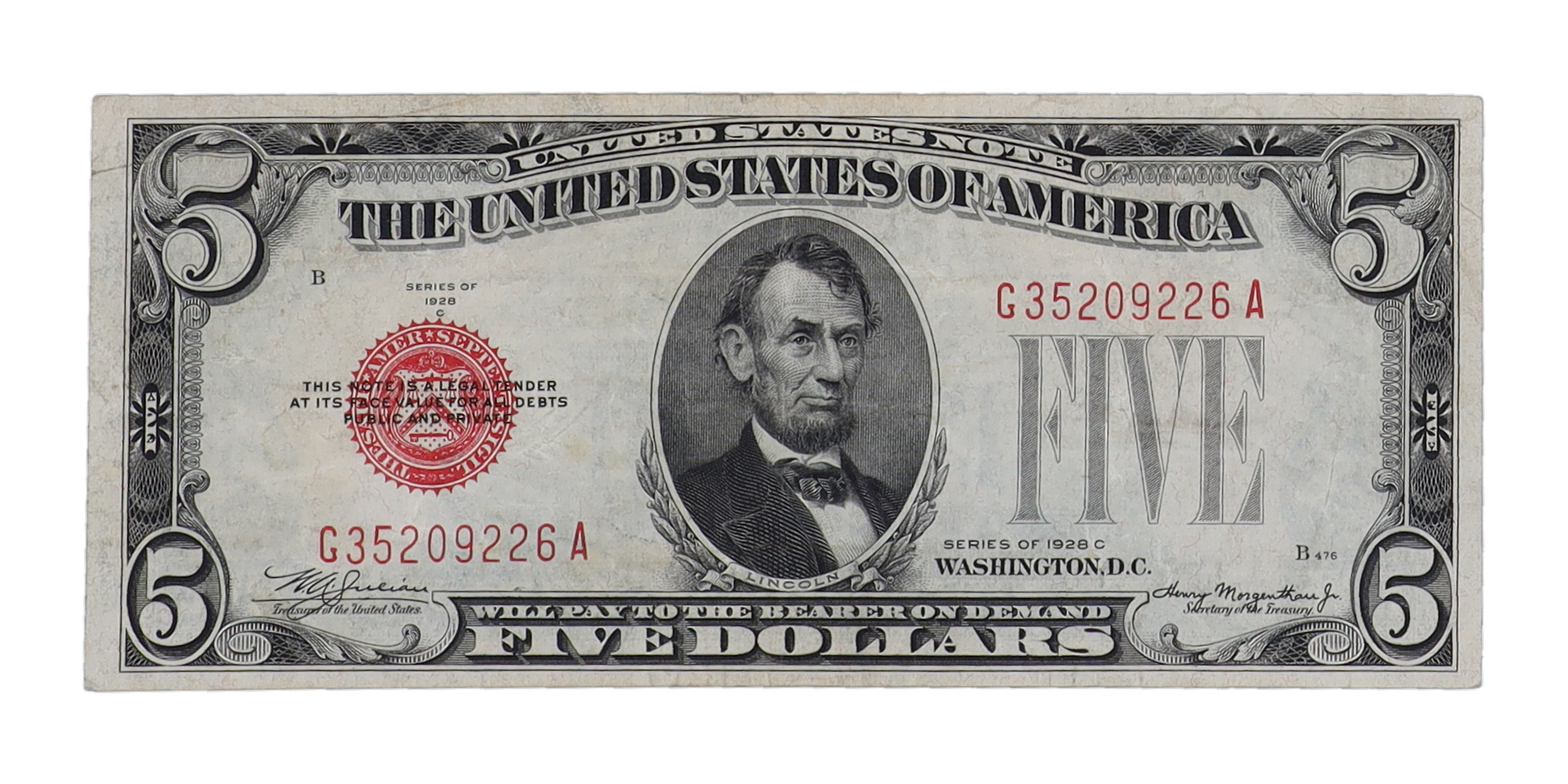 1928-C U.S. $5 Legal Tender Note - Red Seal (GA Block) | Pristine Auction