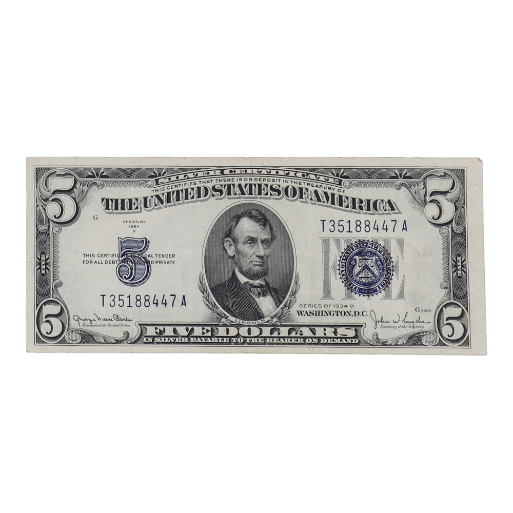 1934-D U.S. $5 Silver Certificate - Blue Seal (TA Block) | Pristine Auction
