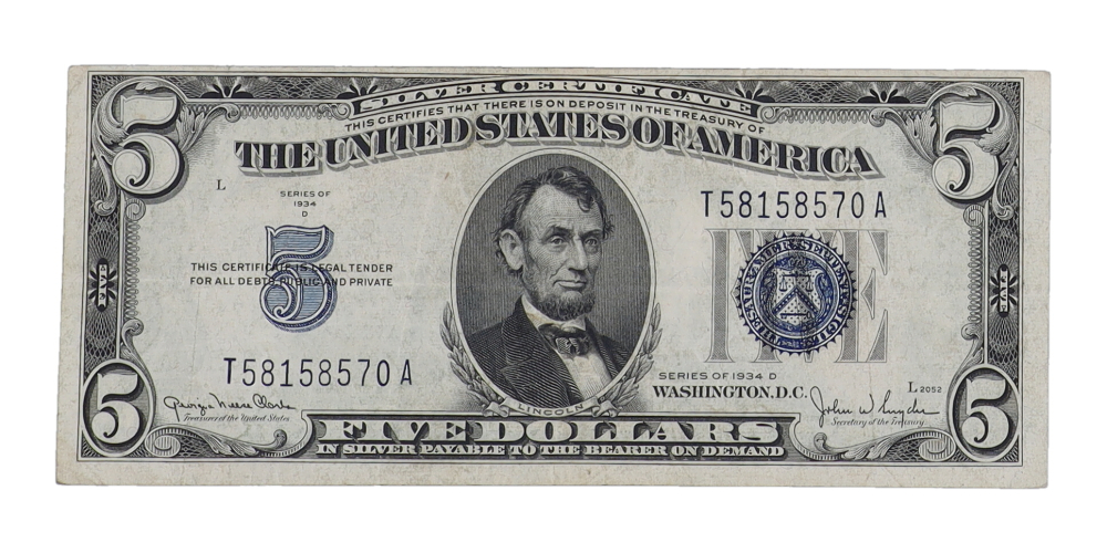 1934-D U.S. $5 Silver Certificate - Blue Seal (TA Block) | Pristine Auction
