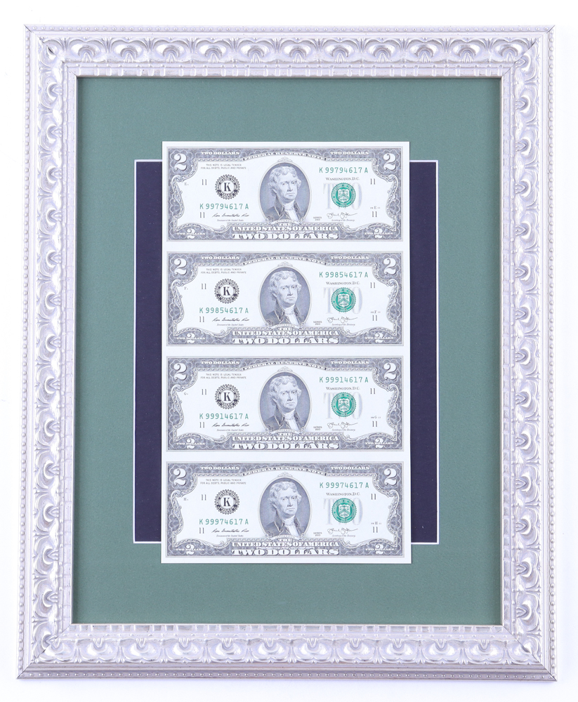 2013 U.S. $2 Dollar Bill Custom Framed Uncut Sheet Of (4) Bills ...