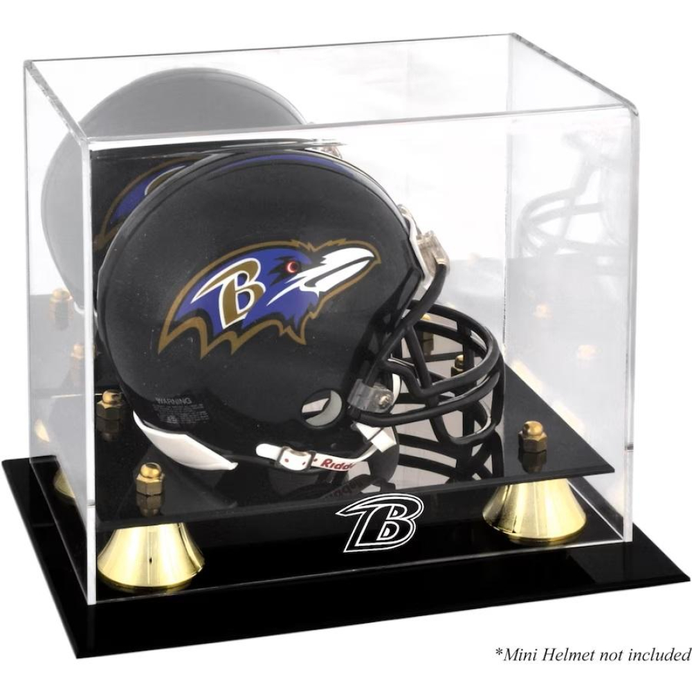 Ravens Logo Mini Helmet Base & Gold Risers Base Mirrored Display Case ...