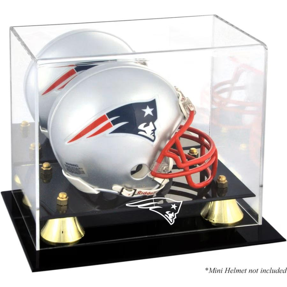 Patriots Logo Mini Helmet Base & Gold Risers Base Mirrored Display Case ...
