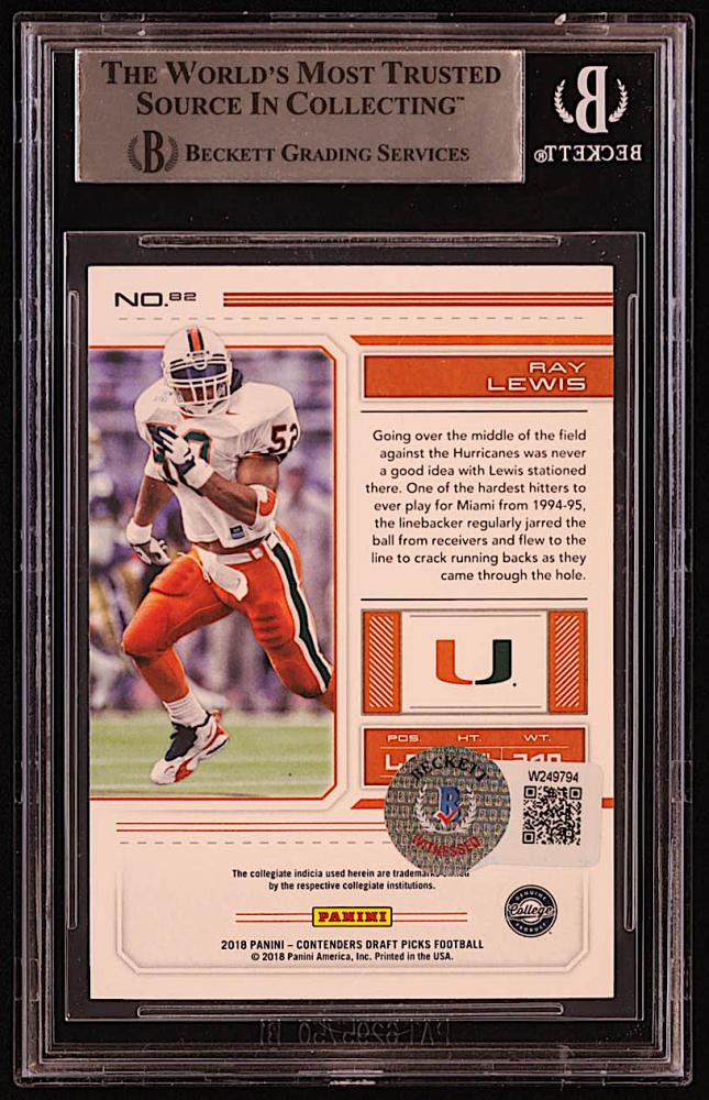 Ray Lewis Signed 2018 Panini Contenders Draft Picks #82 (BGS ...