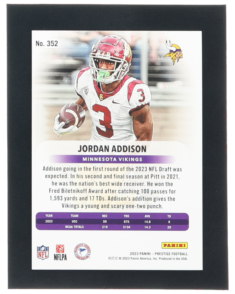 Jordan Addison 2023 Prestige Xtra Points Sunburst #352 RC | Pristine ...