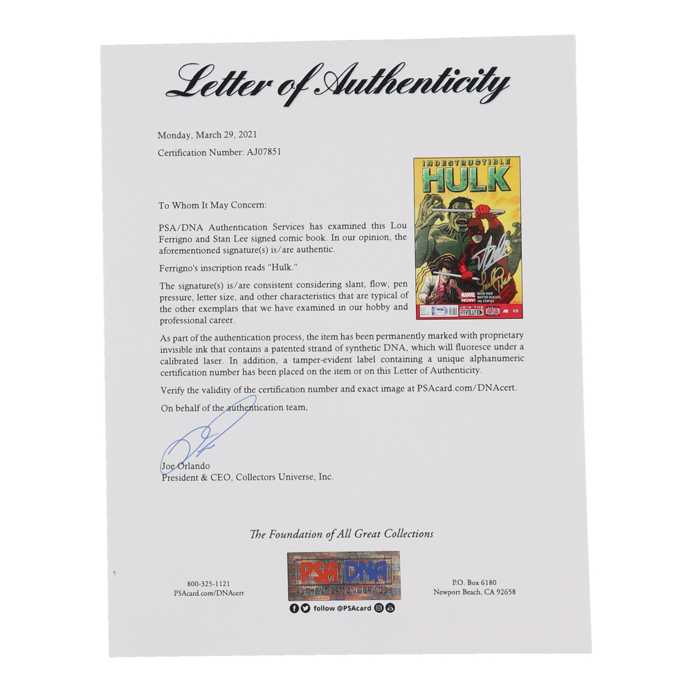 Stan Lee & Lou Ferrigno Signed 2013 "Indestructible Hulk" Issue #10 ...