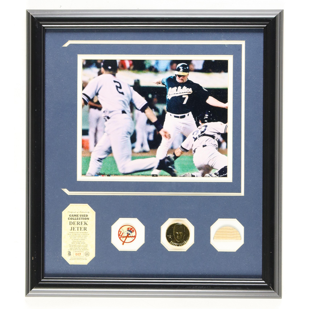 Derek Jeter Custom Framed Photo Includes Authentic Game Bat Piece, Pin ...