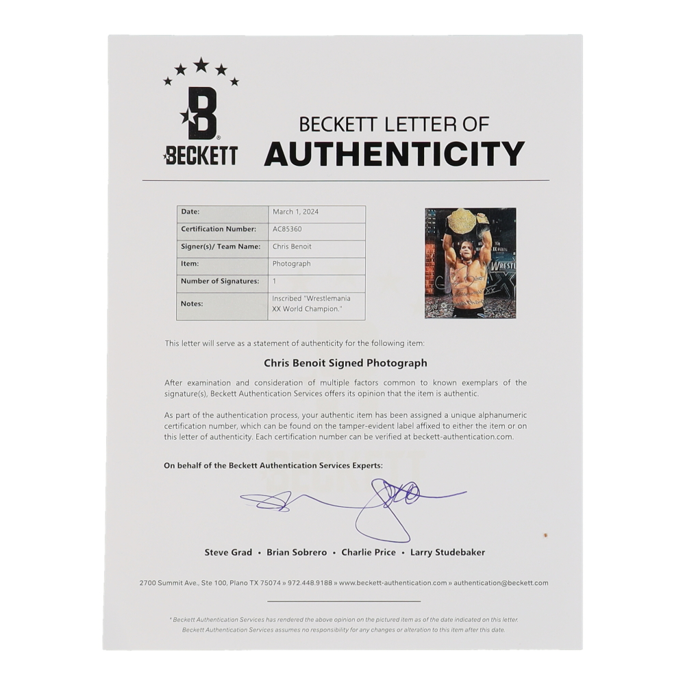 Chris Benoit Signed WWE 8x10 Photo Inscribed "Wrestlemania XX World ...