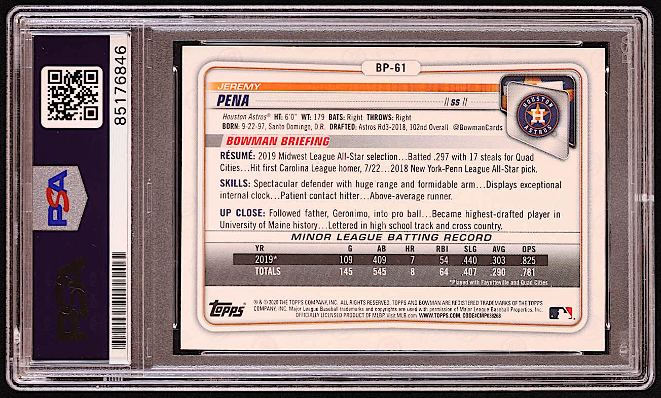 Jeremy Pena Signed 2020 Bowman Prospects #BP61 RC (PSA) | Pristine Auction