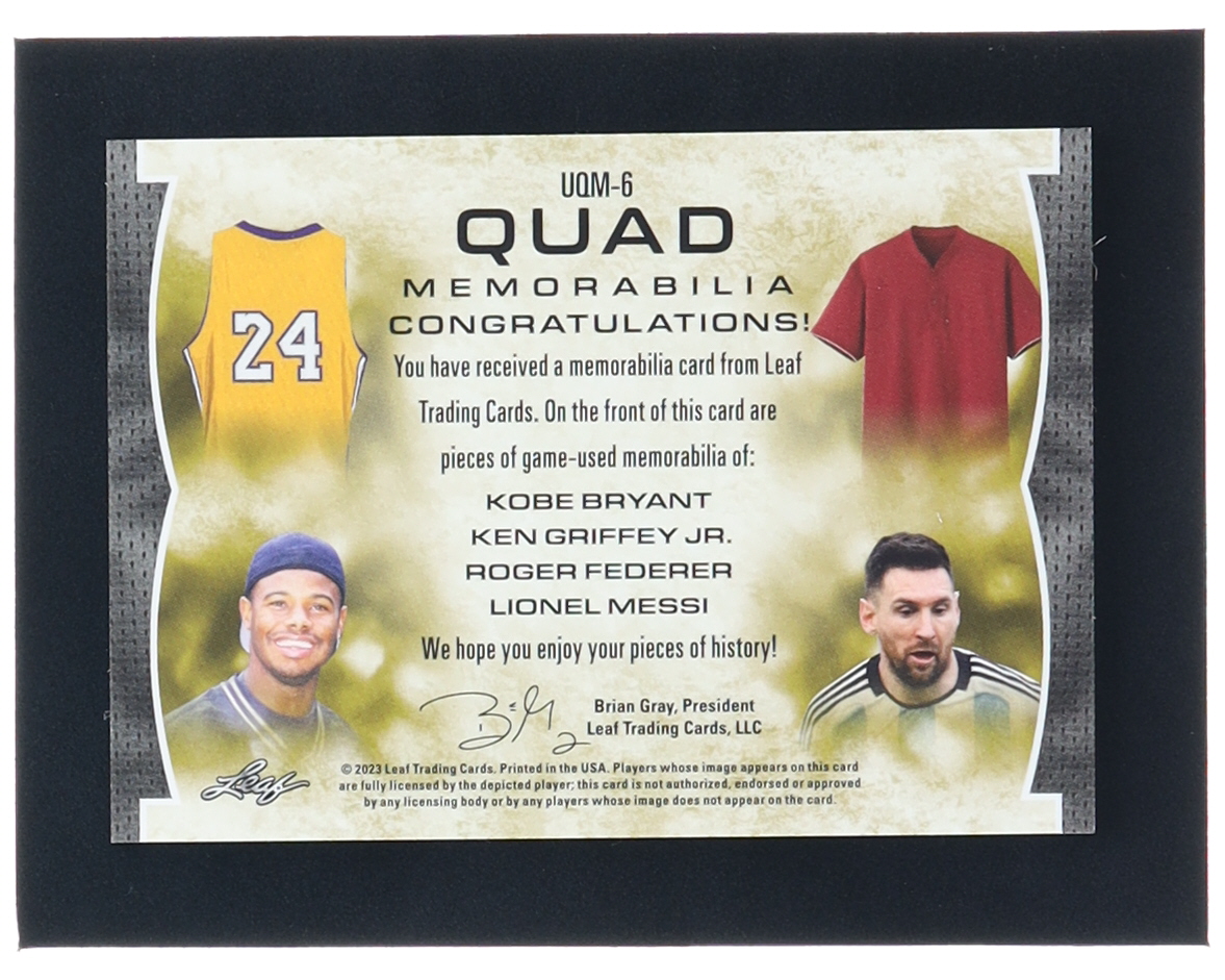 Kobe Bryant / Roger Federer / Ken Griffey Jr. / Lionel Messi 2023 Leaf Ultimate Quad Memorabilia ...