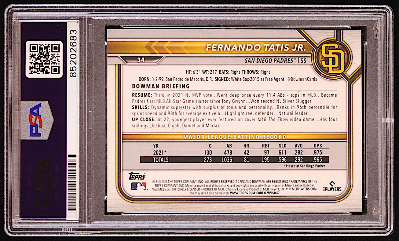 Fernando Tatis Jr. Signed 2022 Bowman #34 (PSA | Autograph Grade 10 ...