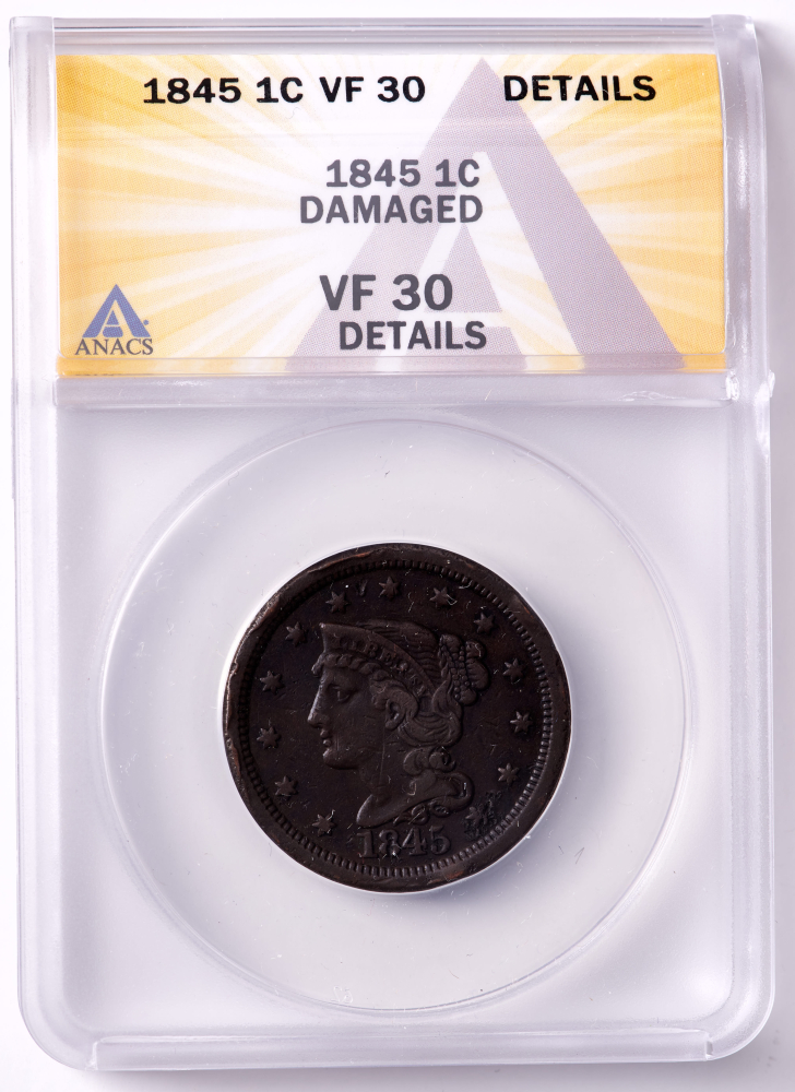 1845 Braided Hair Cent (ANACS VF30 Details) | Pristine Auction