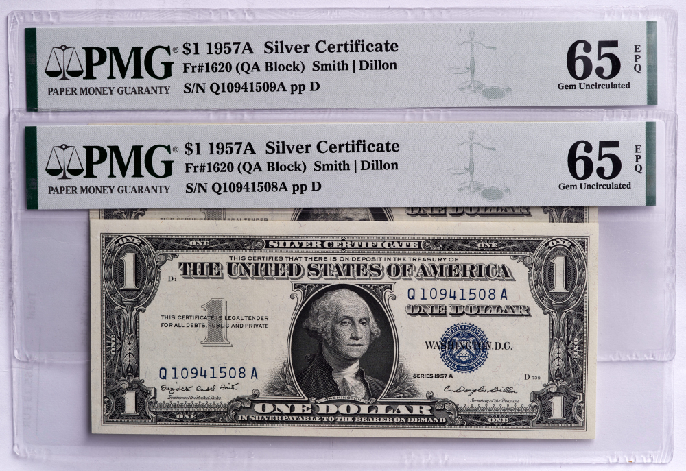 Sequential Set Of (2) Numbered 1957A $1 Silver Certificate Bank Notes ...