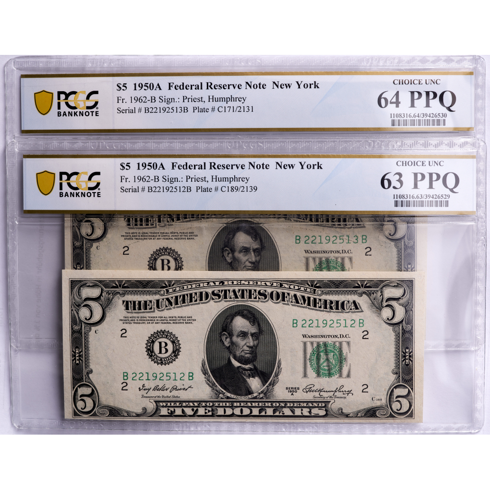 Sequential Set Of (2) Numbered 1962-B 1950A $5 New York Federal Reserve ...